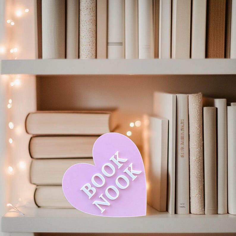 Book Nook Heart Sign - 3D Printed Shelf Decor for Book Lovers, Cozy ...
