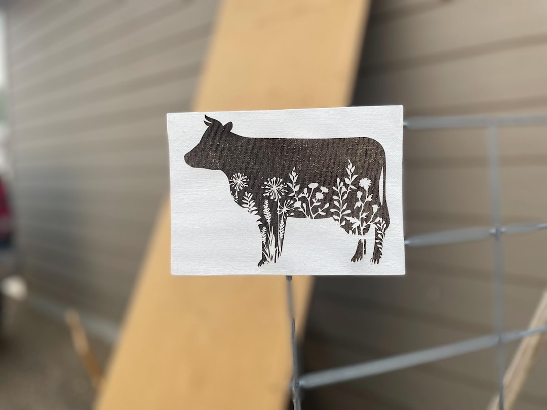 Cute Laser Engraved Cow With Flower Pattern on Small Canvas and Was ...