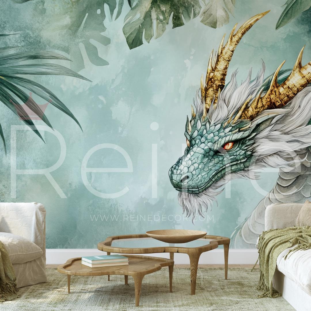 Teal Mist Dragon Wallpaper Botanical Asian Wallpaper Designer Wallpaper ...