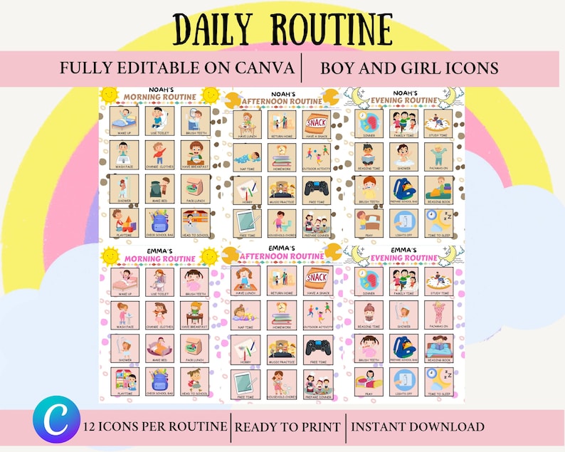 Daily Routine Cards Canva Editable Visual Schedule Toddler Routine ...