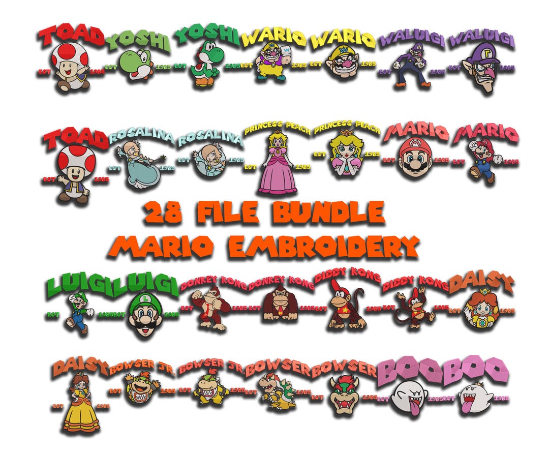 Mario Est 1985 Embroidery Design Files Super Mario Luigi and Yoshi ...