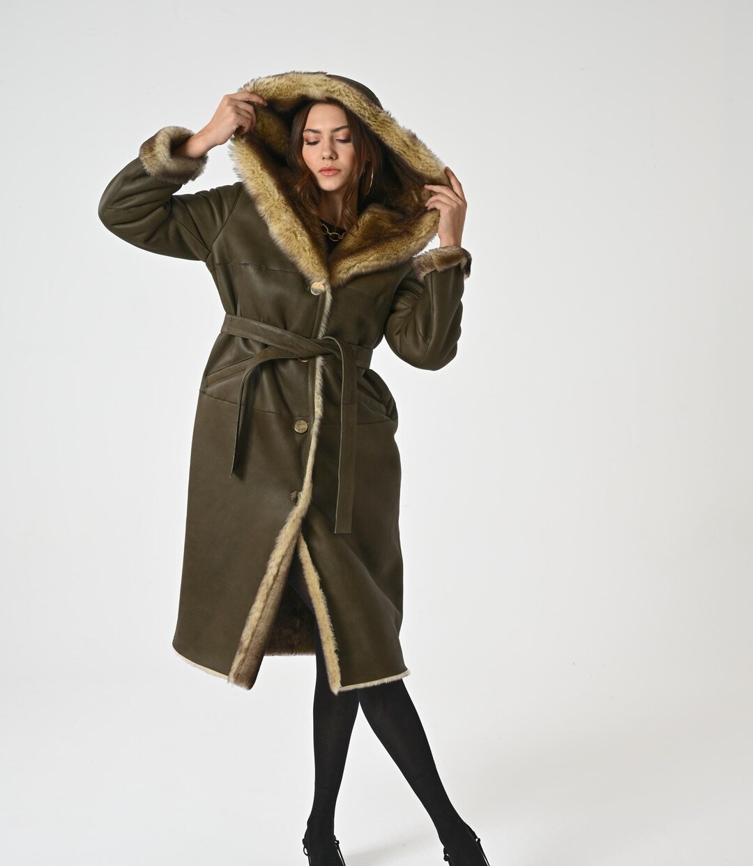 OLIVE GREEN OVERCOAT | Overcoat for Woman | Genuine Merino Hair Lining ...