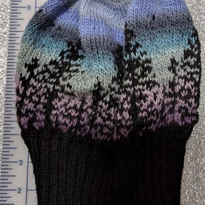 Handmade Knitted Colorwork Hat, Color Changing Background With Black Trees, Ribbed Cuff, Winter ...