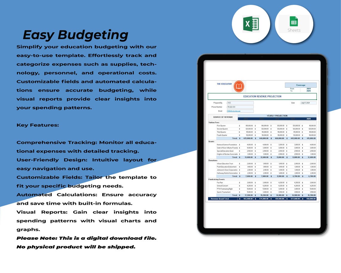 Education Annual Budget Spreadsheet, Google Sheets Template, Financial ...