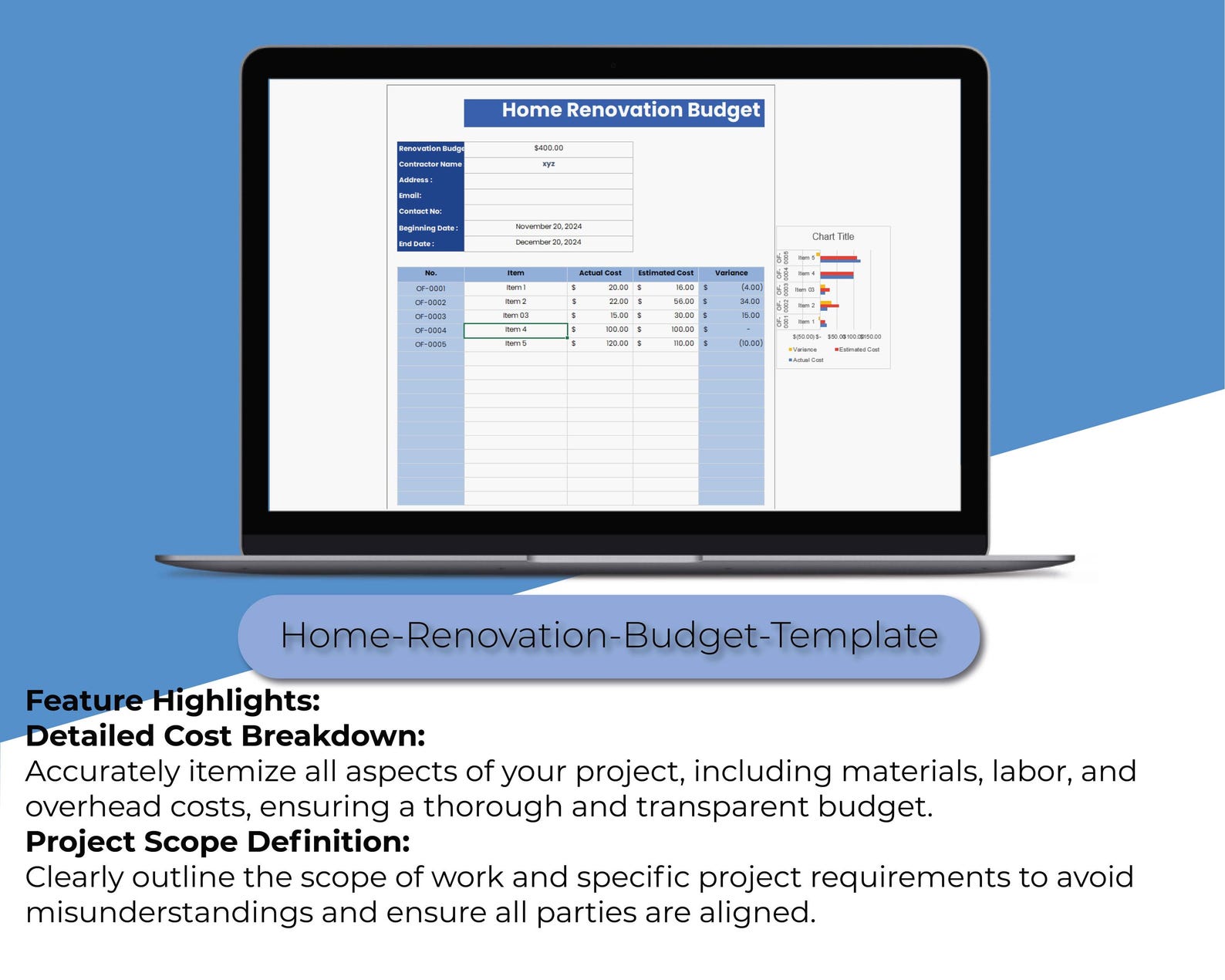 Home Renovation Budget Template, Home Remodel Planner Budget, Home ...