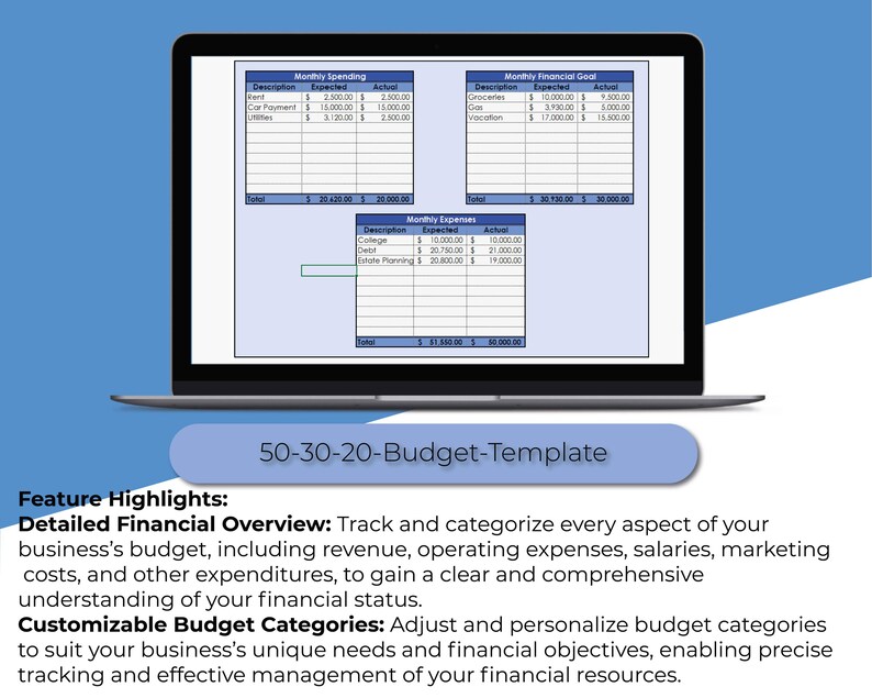 50 30 20 Budget Template, Monthly Budget Planner Spreadsheet, Paycheck ...