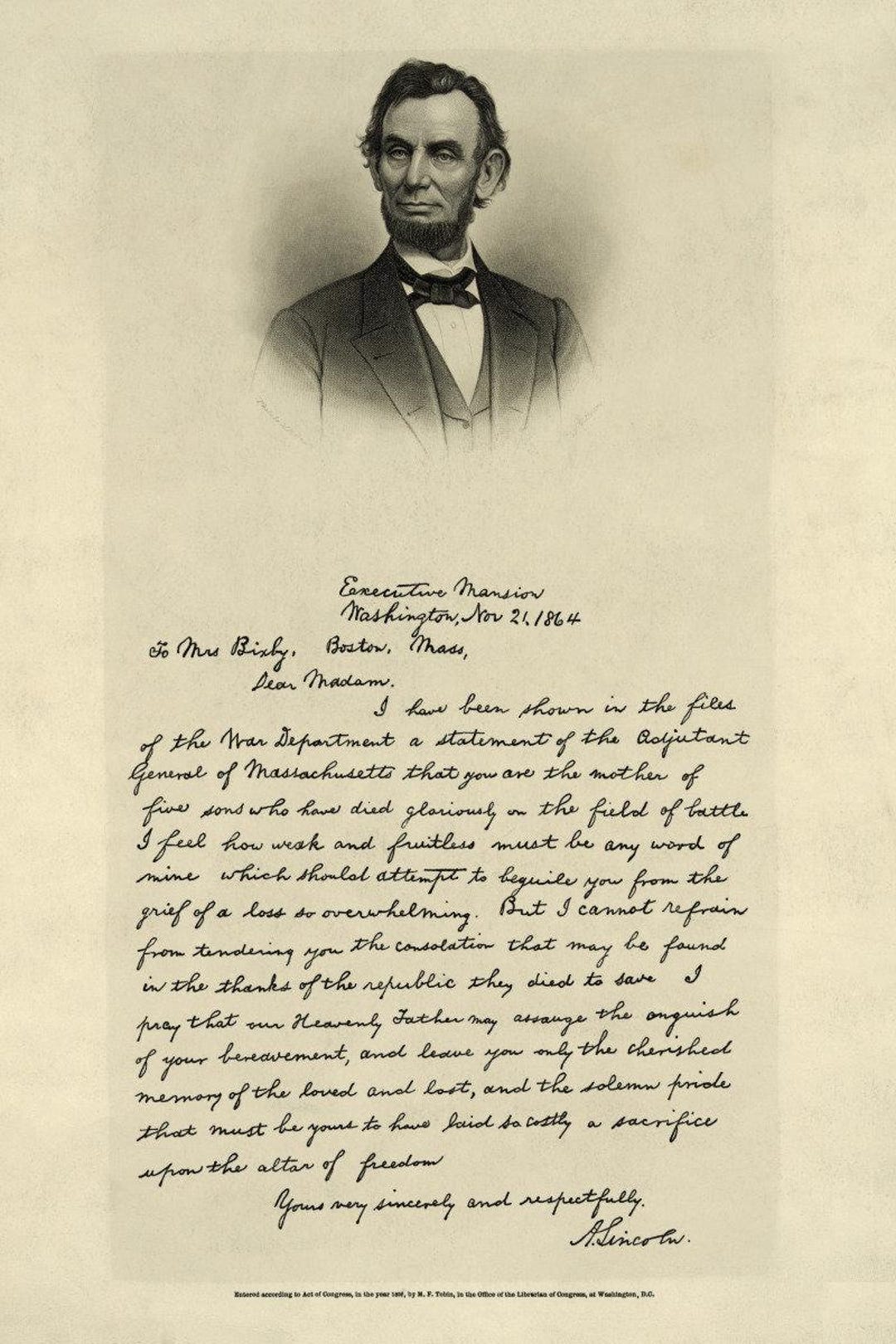 Print: Letter From Abraham Lincoln to Mrs. Bixby, With Bust-length ...