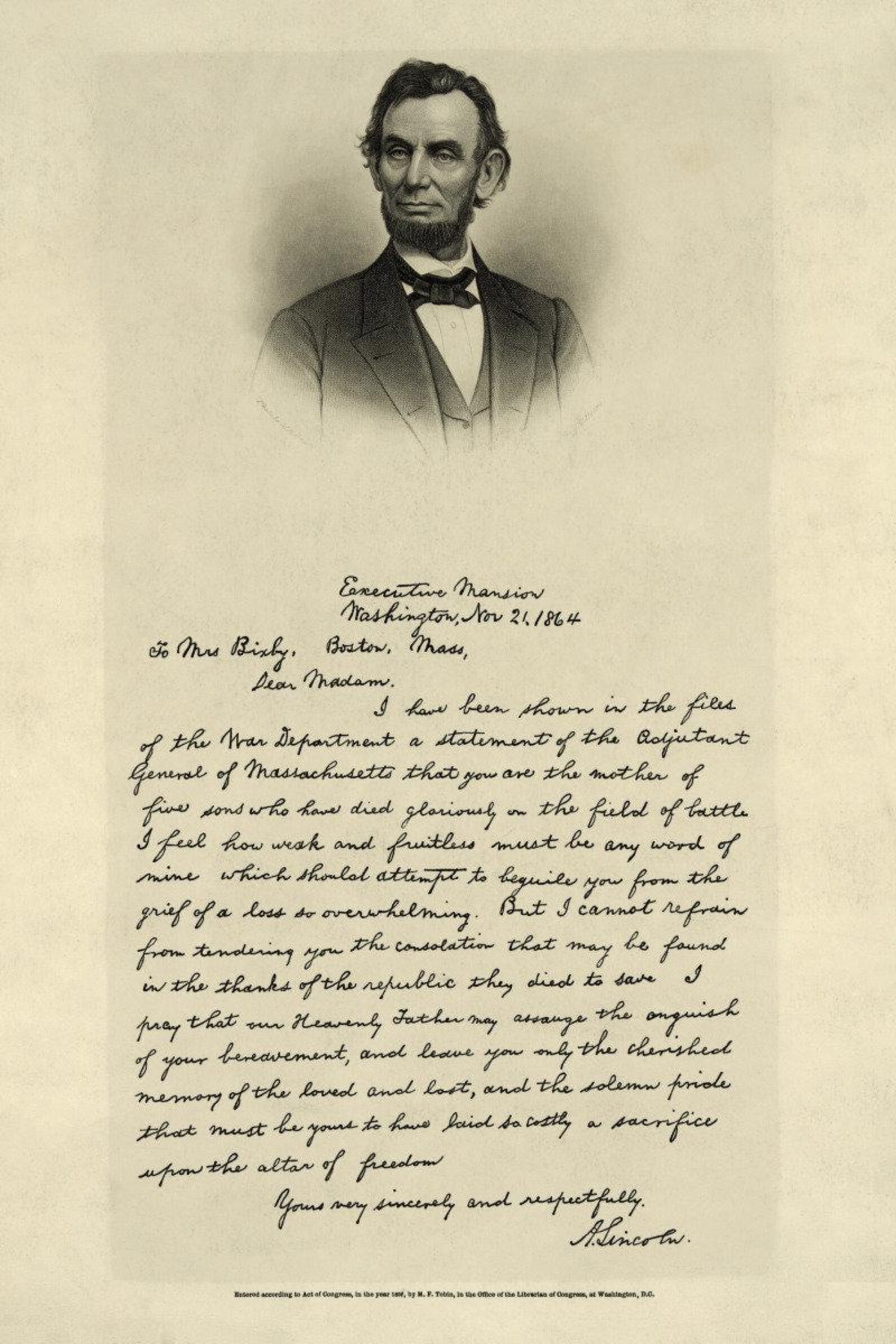 Print: Letter From Abraham Lincoln to Mrs. Bixby, With Bust-length ...