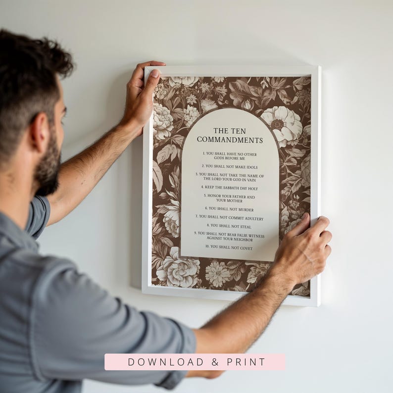Neutral Floral Ten Commandments Wall Art, Vintage Style Christian Wall ...
