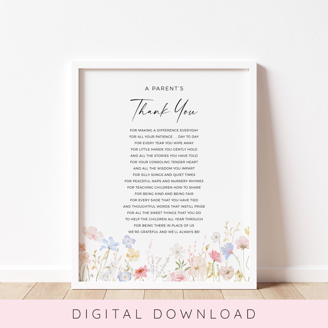 A Parents Thank You Poem, Teacher Appreciation Gift, Teacher's Day Card ...
