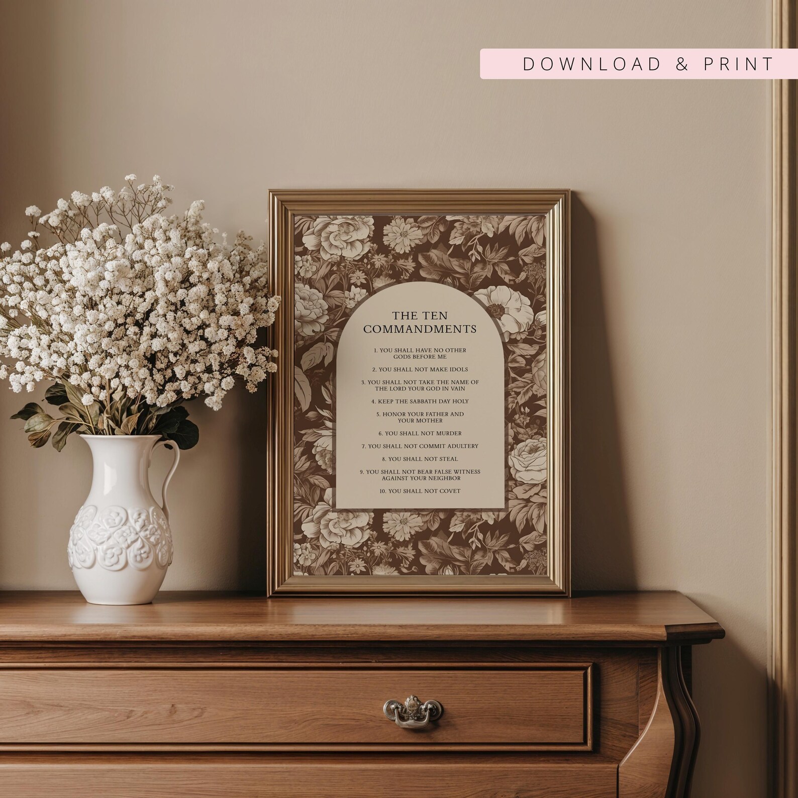 Neutral Floral Ten Commandments Wall Art, Vintage Style Christian Wall ...