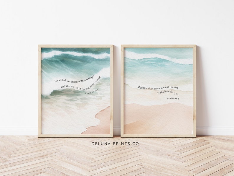 2 Bible Verse Wall Art, Mightier Than the Waves Psalm 93:4, Psalm 107 ...