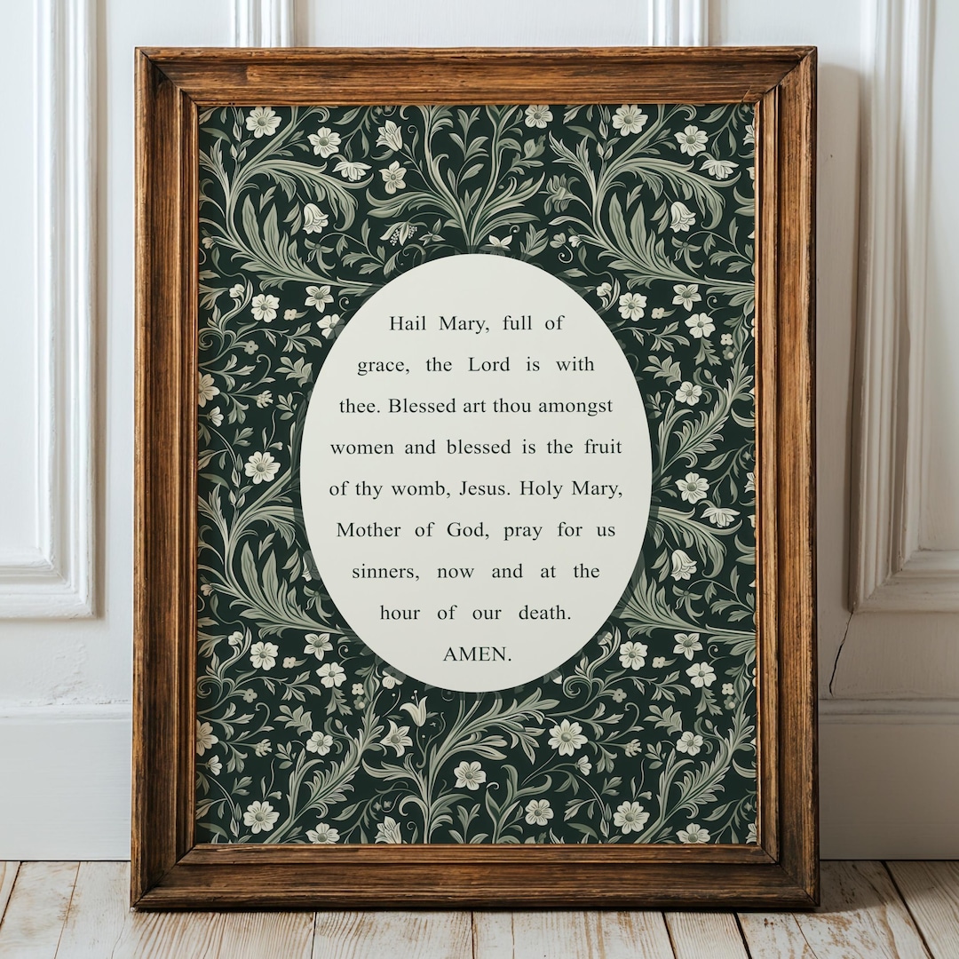 Hail Mary Prayer Print, Catholic Wall Art, Green Floral Vintage Style ...