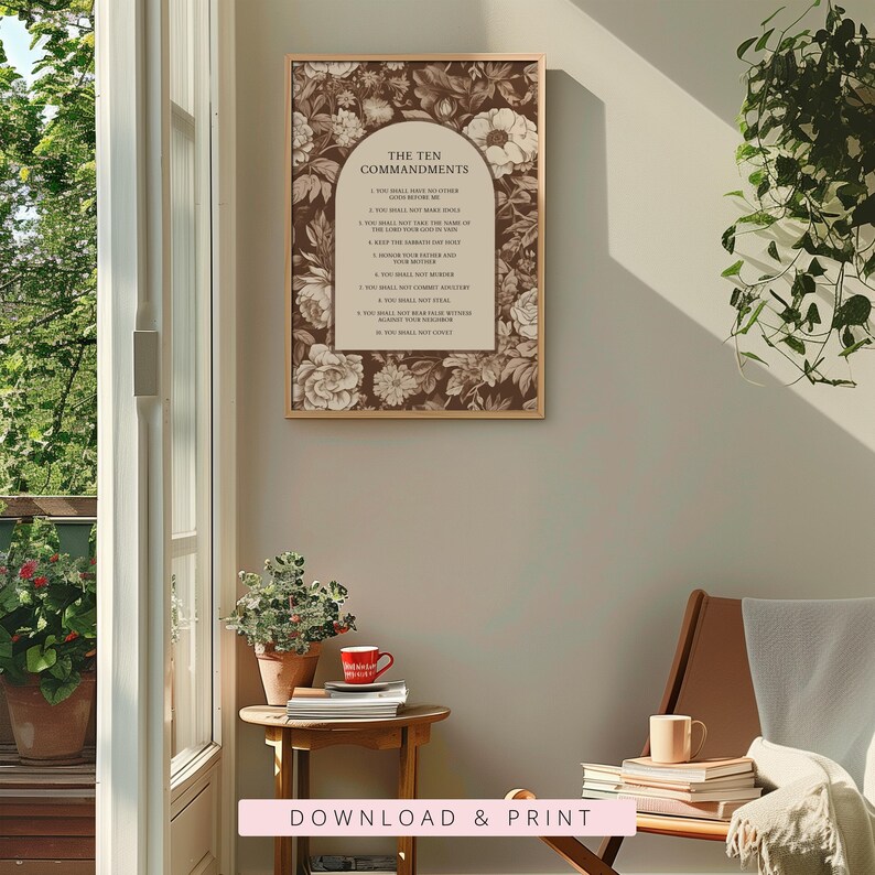 Neutral Floral Ten Commandments Wall Art, Vintage Style Christian Wall ...