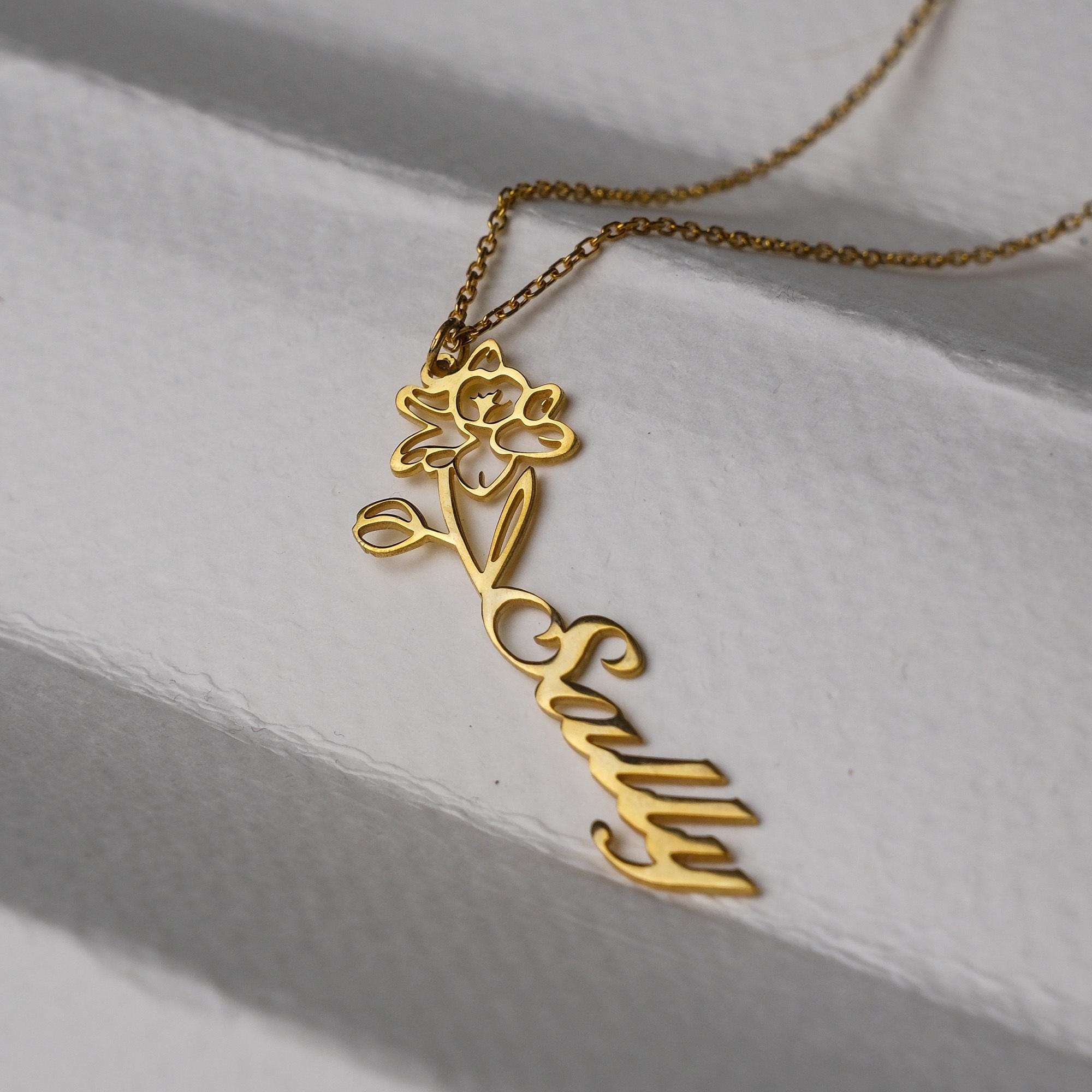 14K Gold Birthflower Name Necklace, Vertical Necklace, Custom Jewelry ...