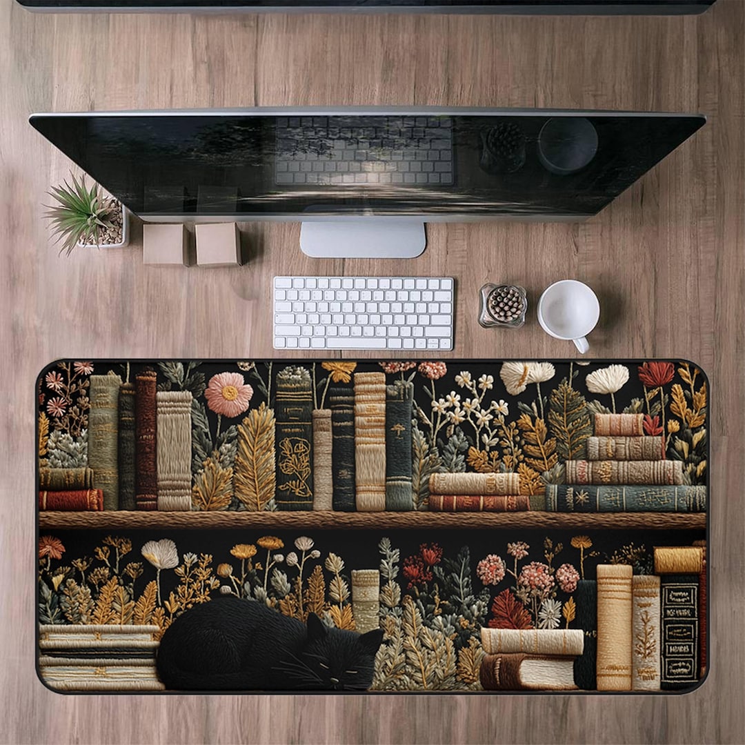 Book Desk Mat Bookish, Floral Bookshelf Desk Mat, Large Mouse Pad With ...