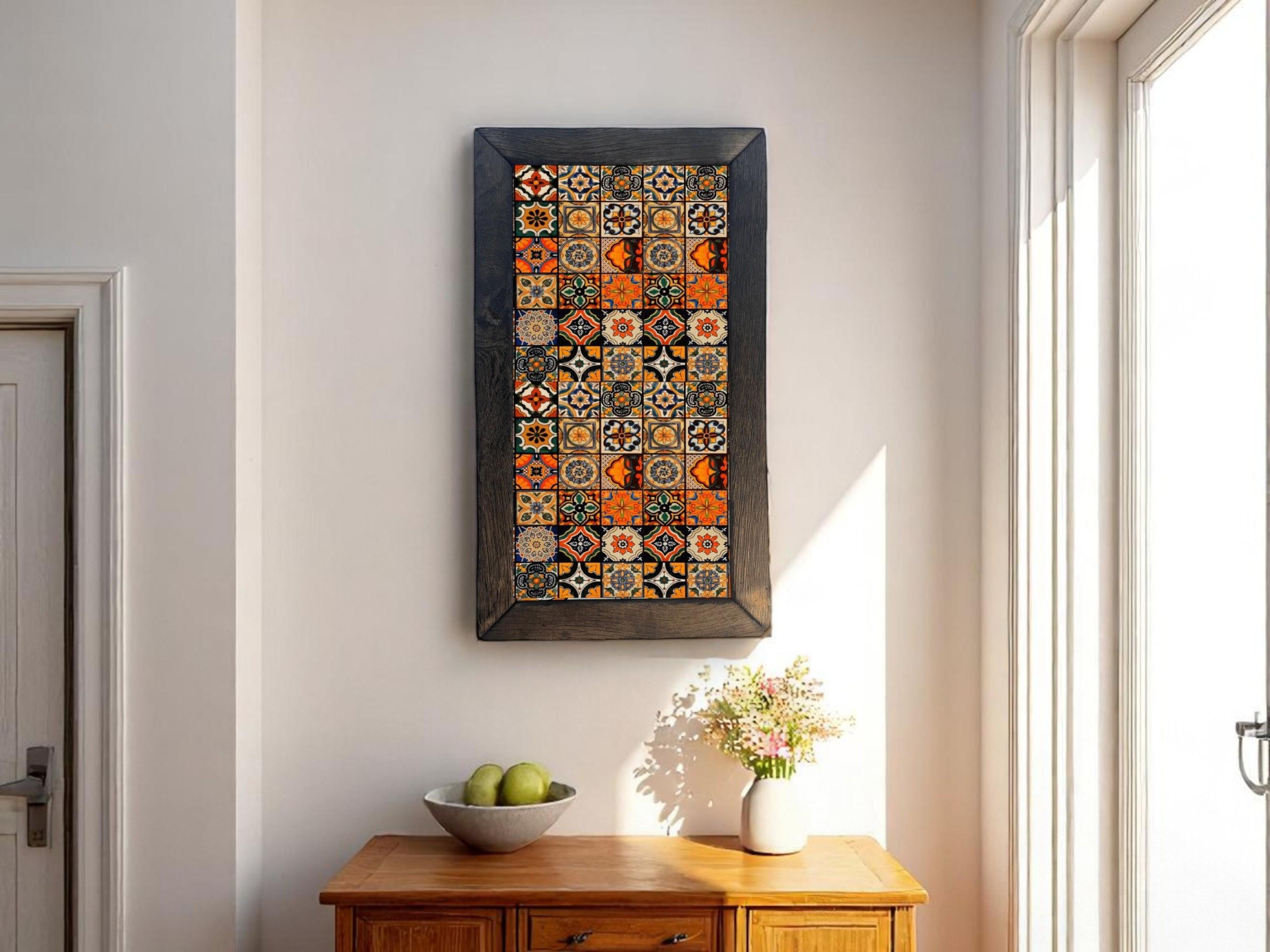 Turkish Tile Wall Art: Rustic Ceramic Panel in Antique Wood Frame - Etsy