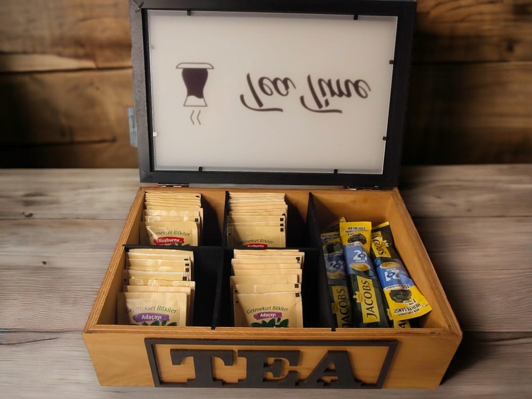 Handcrafted Wooden Tea Box Organizer: Rustic Kitchen Decor, Tea Storage ...