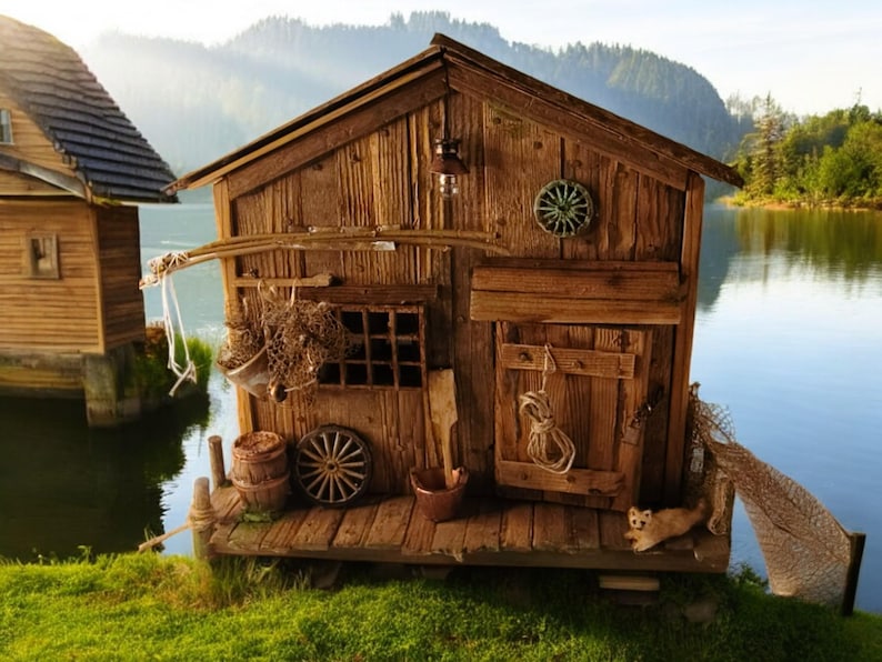 Rustic Fishing Hut Diorama Miniature Nautical Cabin Handmade Fishermans ...
