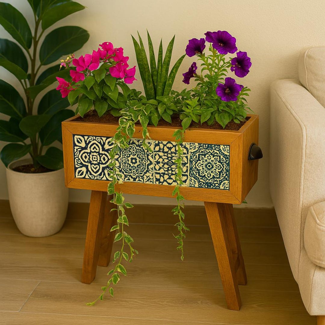 Turkish Tile Wooden Planter Box, Indoor Flower Pot With Handles ...