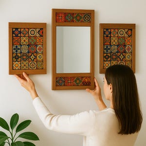 Handmade Turkish Tile Mirror Set: Rustic Wood Frame, Boho Wall Decor ...