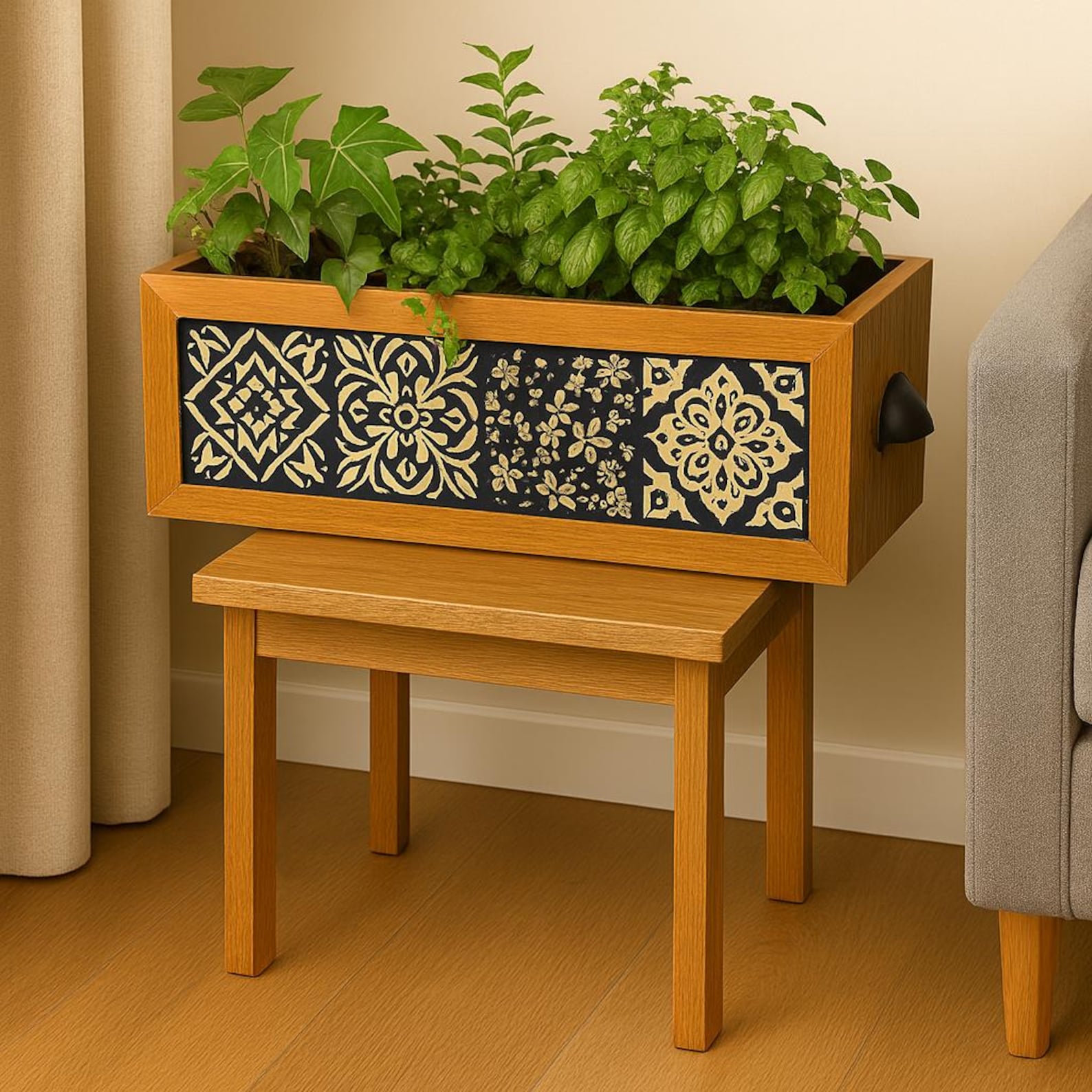 Turkish Tile Wooden Planter Box, Indoor Flower Pot With Handles ...