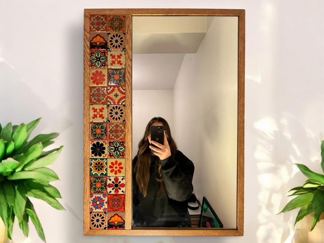 Handmade Turkish Ceramic Tile Mirror – Rustic Oak Wood Frame Wall Decor ...