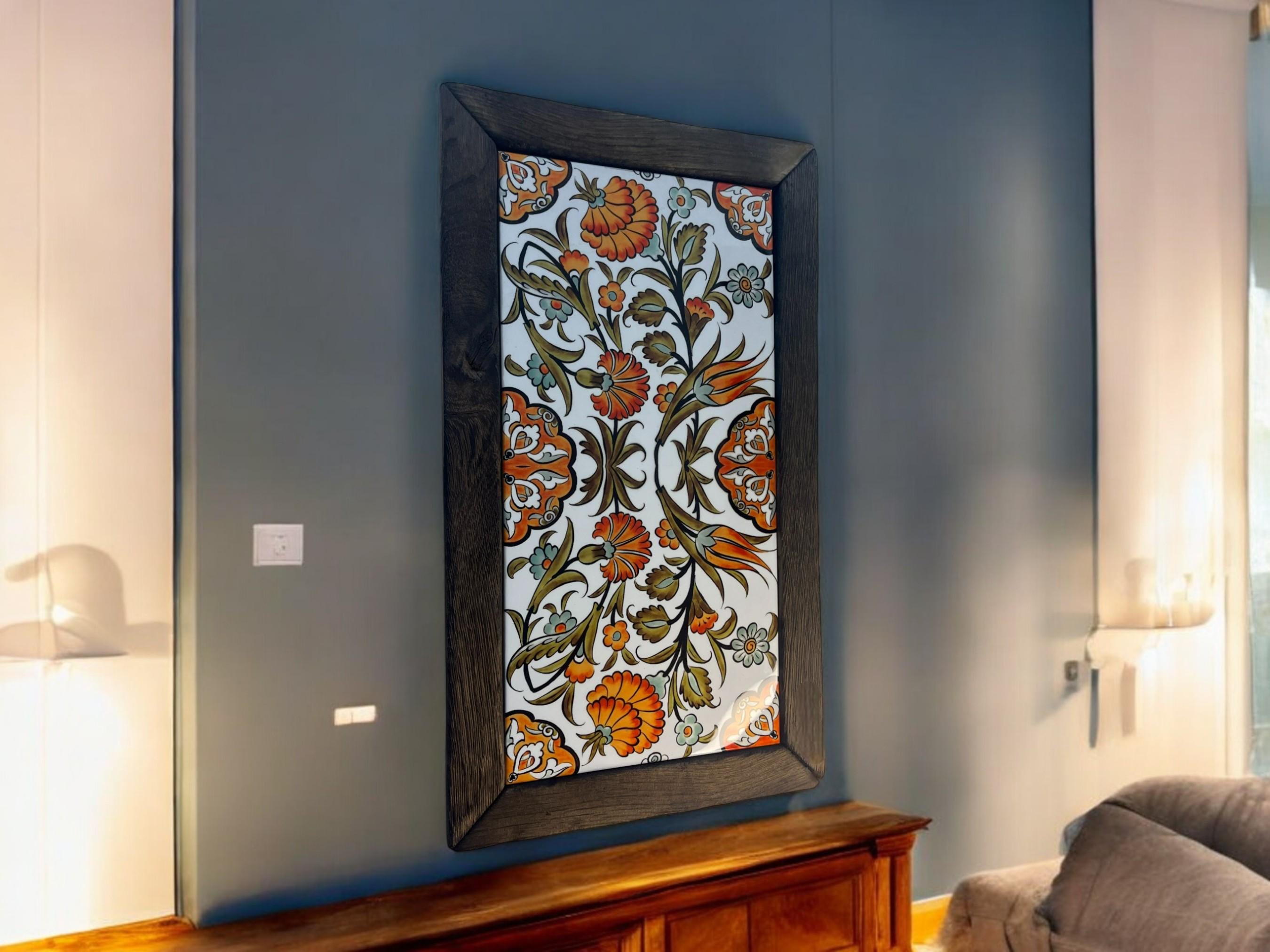 Turkish Tile Wall Art: Rustic Ceramic Panel in Antique Wood Frame - Etsy