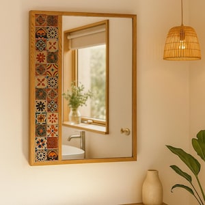Handmade Turkish Ceramic Tile Mirror – Rustic Oak Wood Frame Wall Decor ...