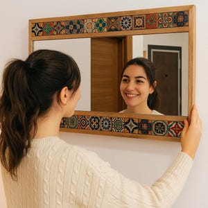 Handmade Turkish Ceramic Tile Mirror – Rustic Oak Wood Frame Wall Decor ...