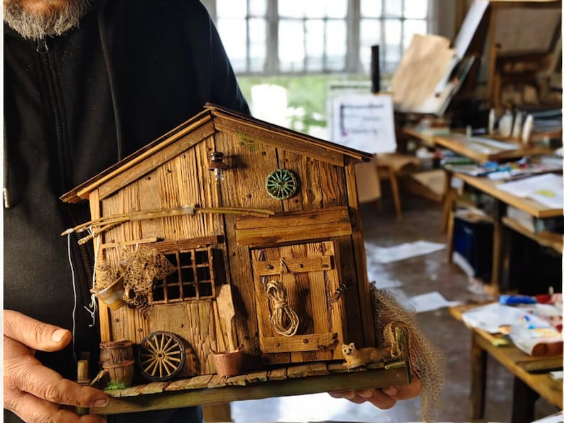 Rustic Fishing Hut Diorama Miniature Nautical Cabin Handmade Fishermans ...