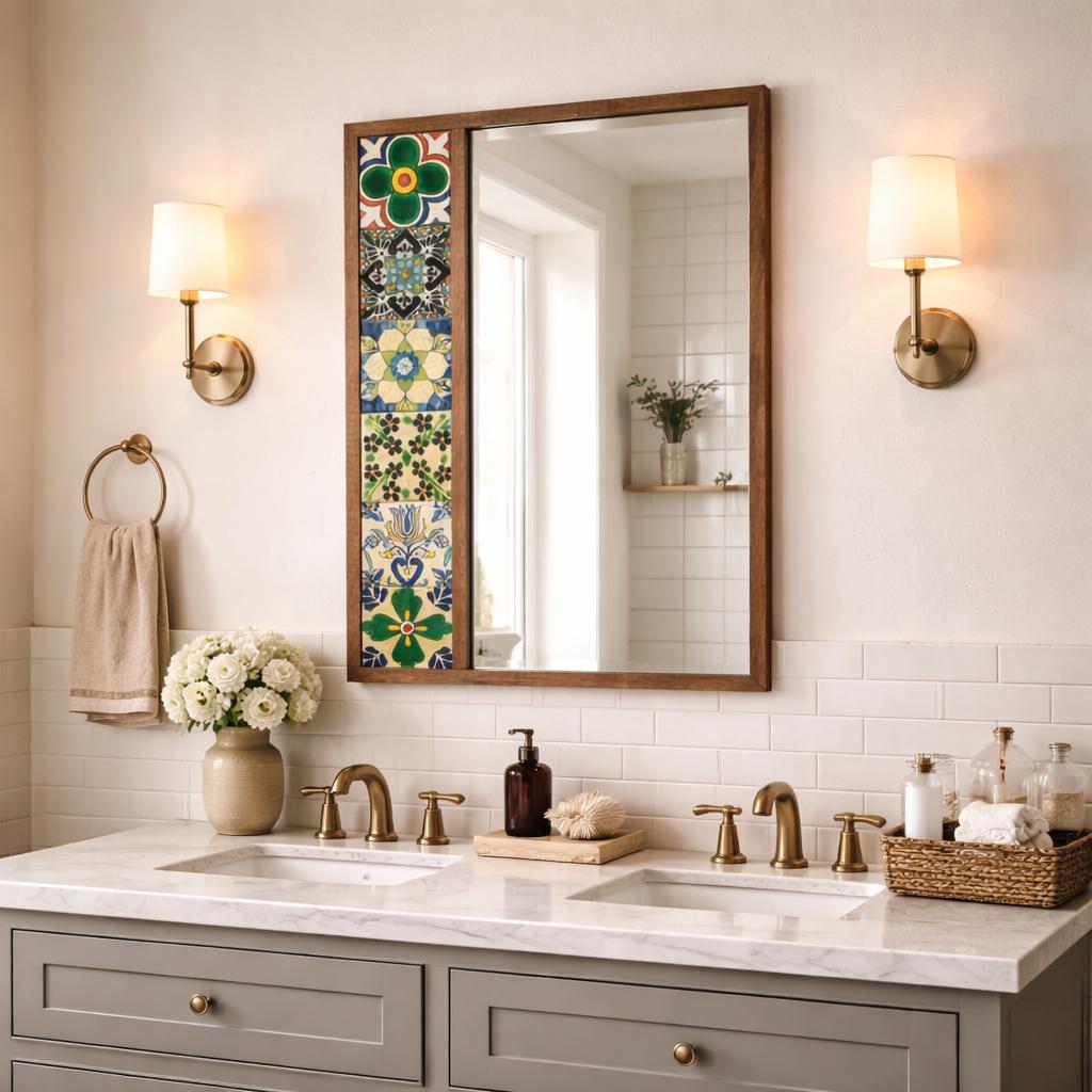 Handmade Mexican Ceramic Tile Mirror, Beech Wood Frame, Entryway Decor ...