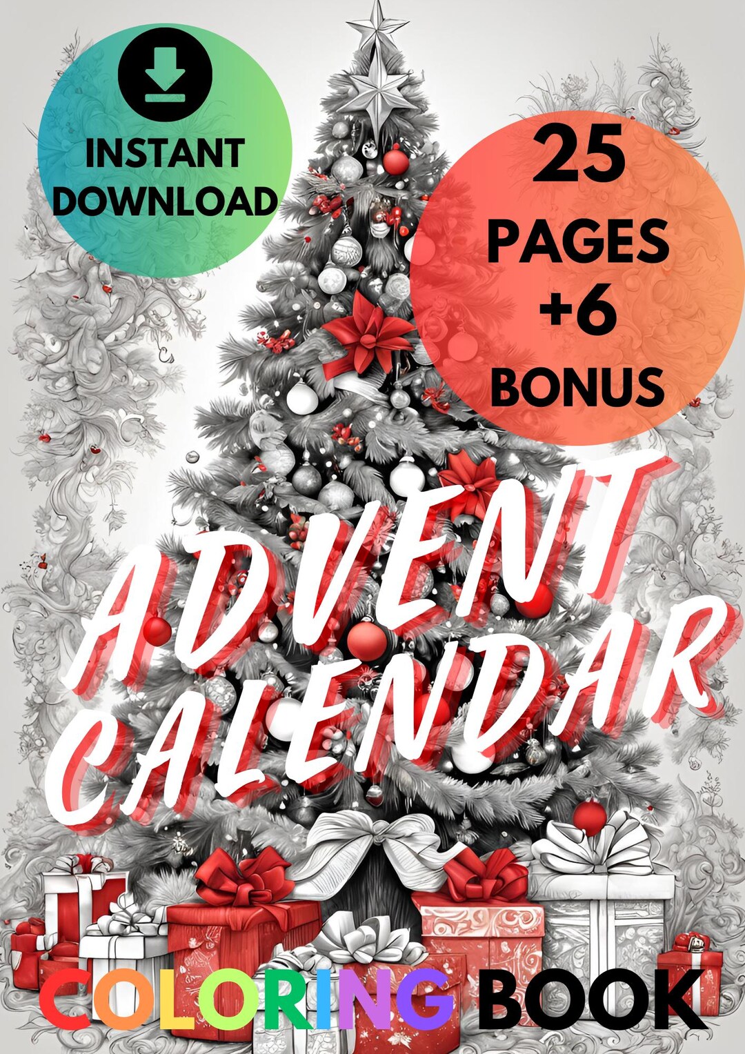 Advent Calendar Digital Coloring Book | 30 Grayscale Pages for Adults ...