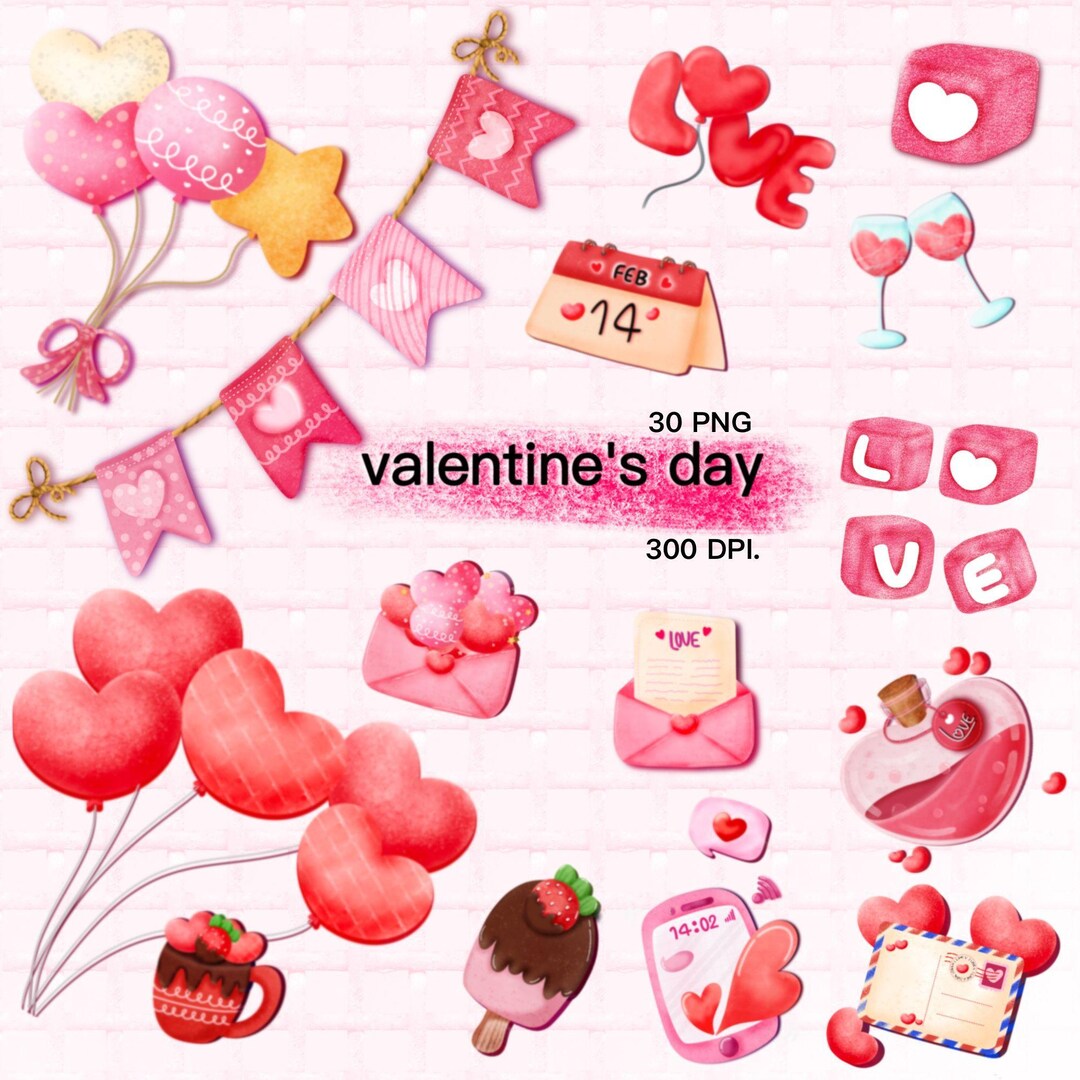 30 Valentine Digital Clip Art Elements in PNG Format (with Transparent ...