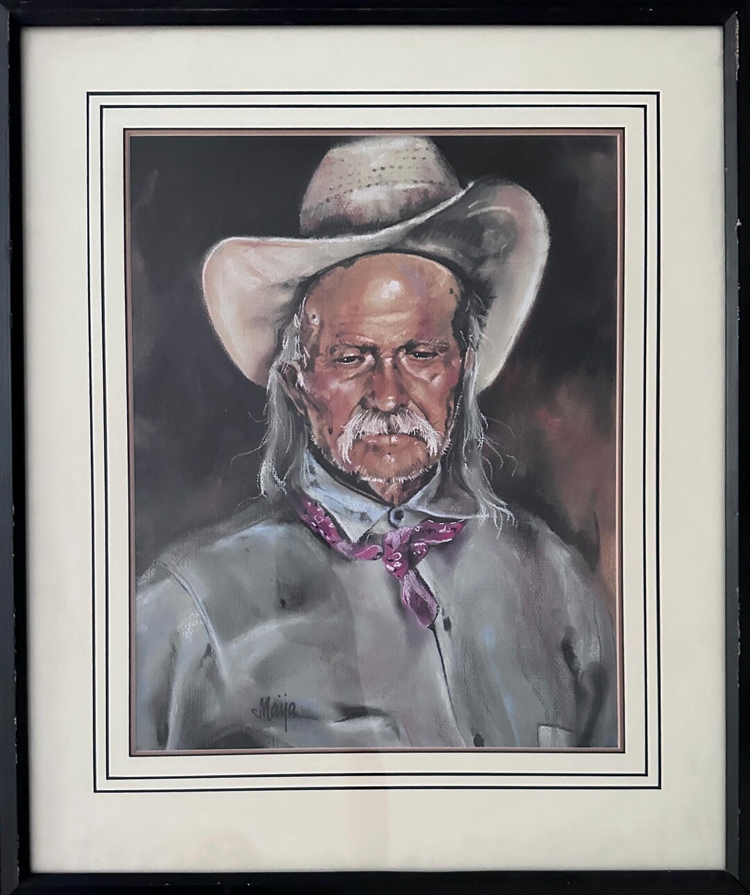 Original Antique Western Chalk Art Portrait by Maya Vintage Wall Decor ...