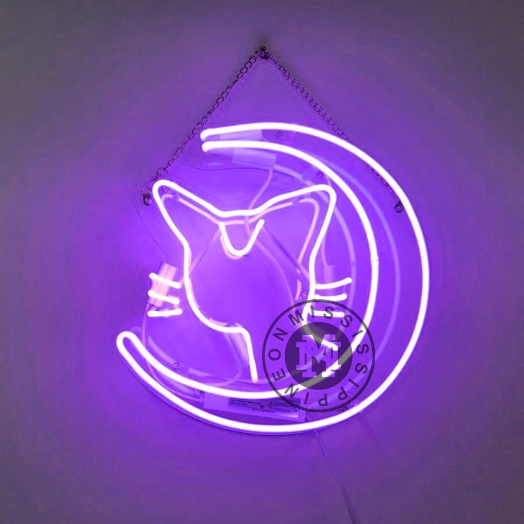 Custom Cartoon Neon Sign Moon Cat Real Glass Neon Light Sign Wall ...