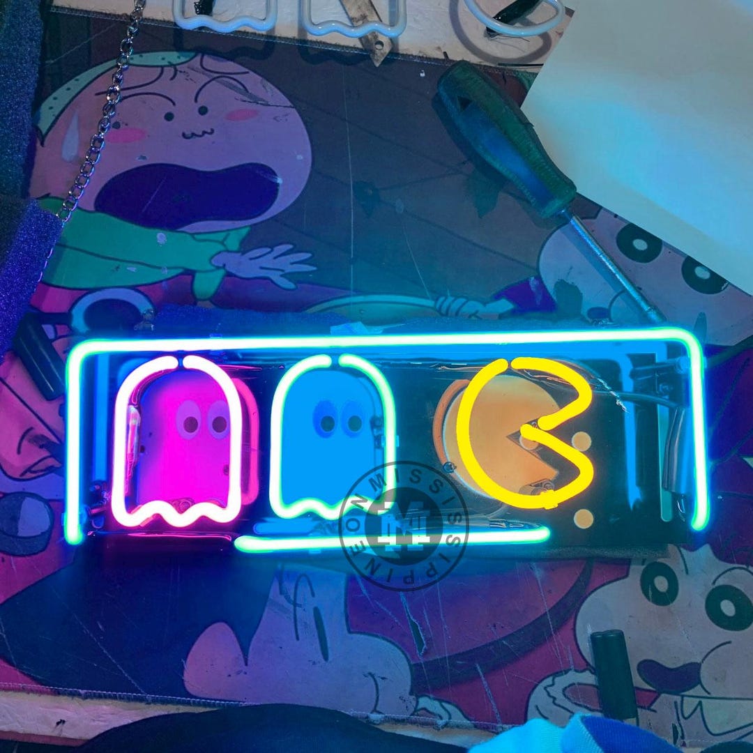 Pac-man Custom Handmade Neon Sign Real Glass Neon Man Cave Light Room ...