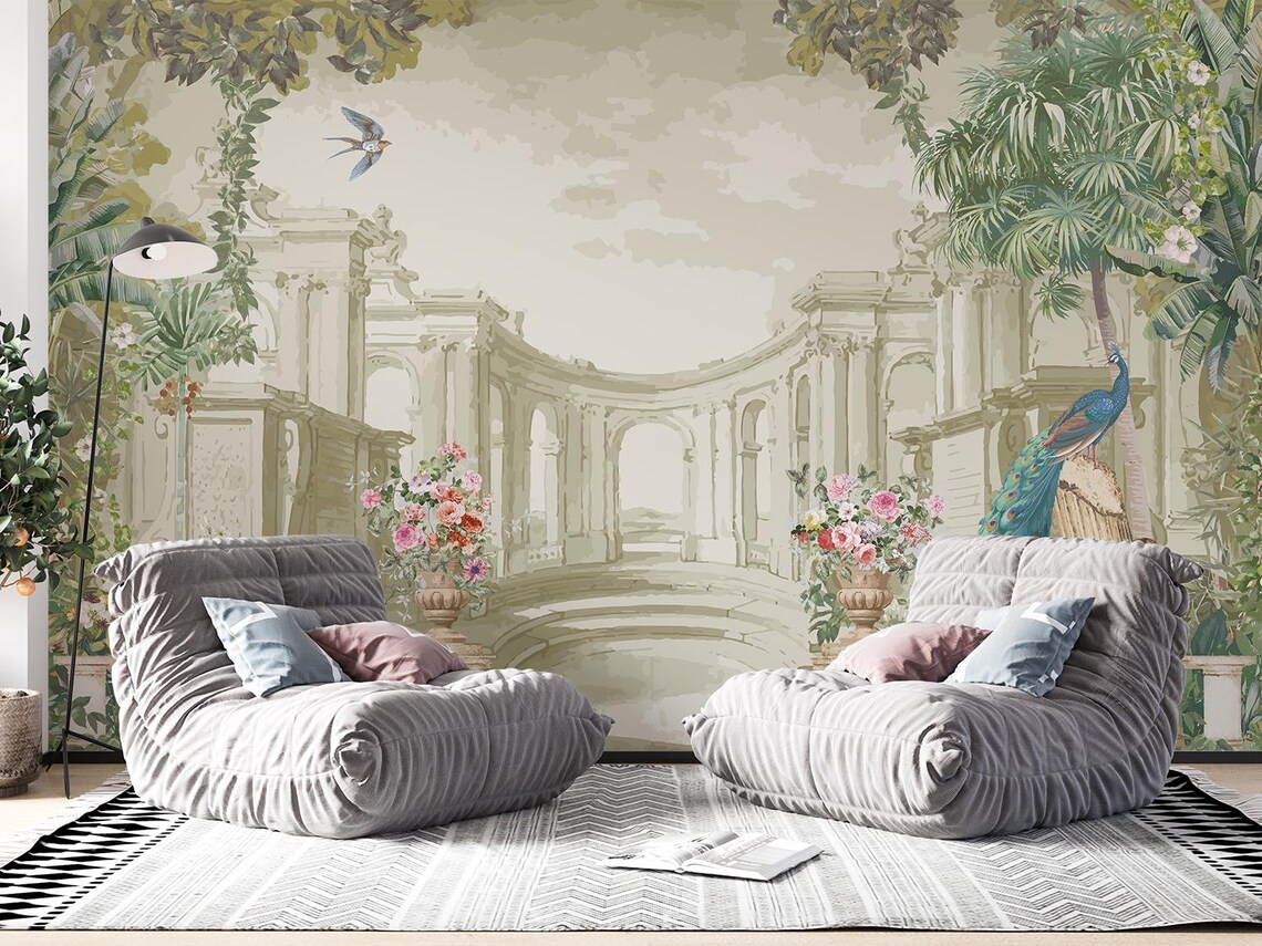 Vintage Garden Scene Wallpaper - Floral and Peacock Themed Decorative ...