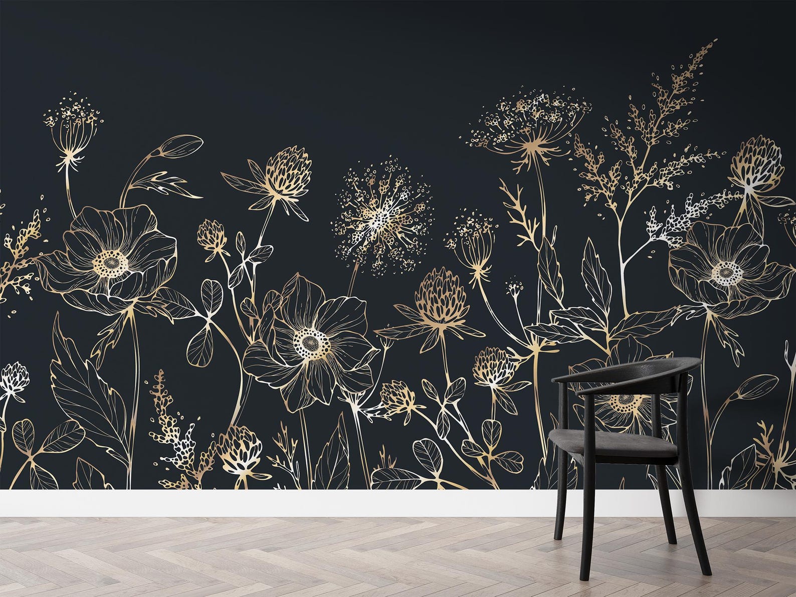 Gold Line Floral Pattern Dark Grey Wallpaper - Gold Flowers on a Dark ...