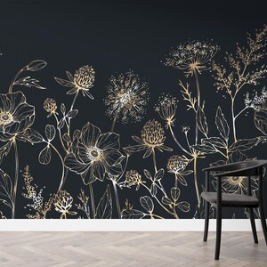 Gold Line Floral Pattern Dark Grey Wallpaper - Gold Flowers on a Dark ...