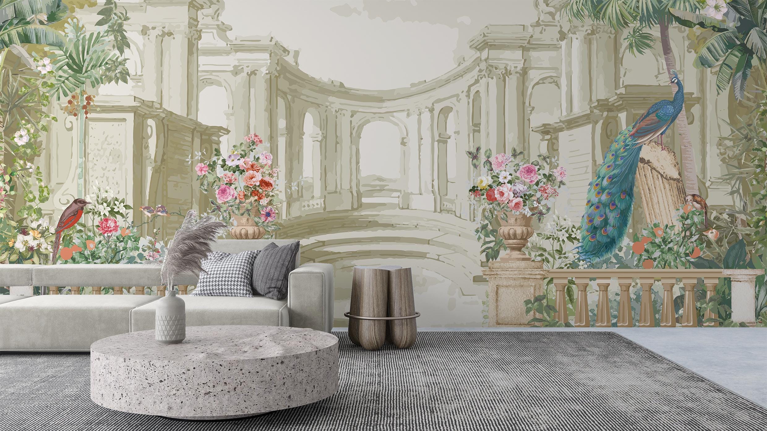 Vintage Garden Scene Wallpaper - Floral and Peacock Themed Decorative ...