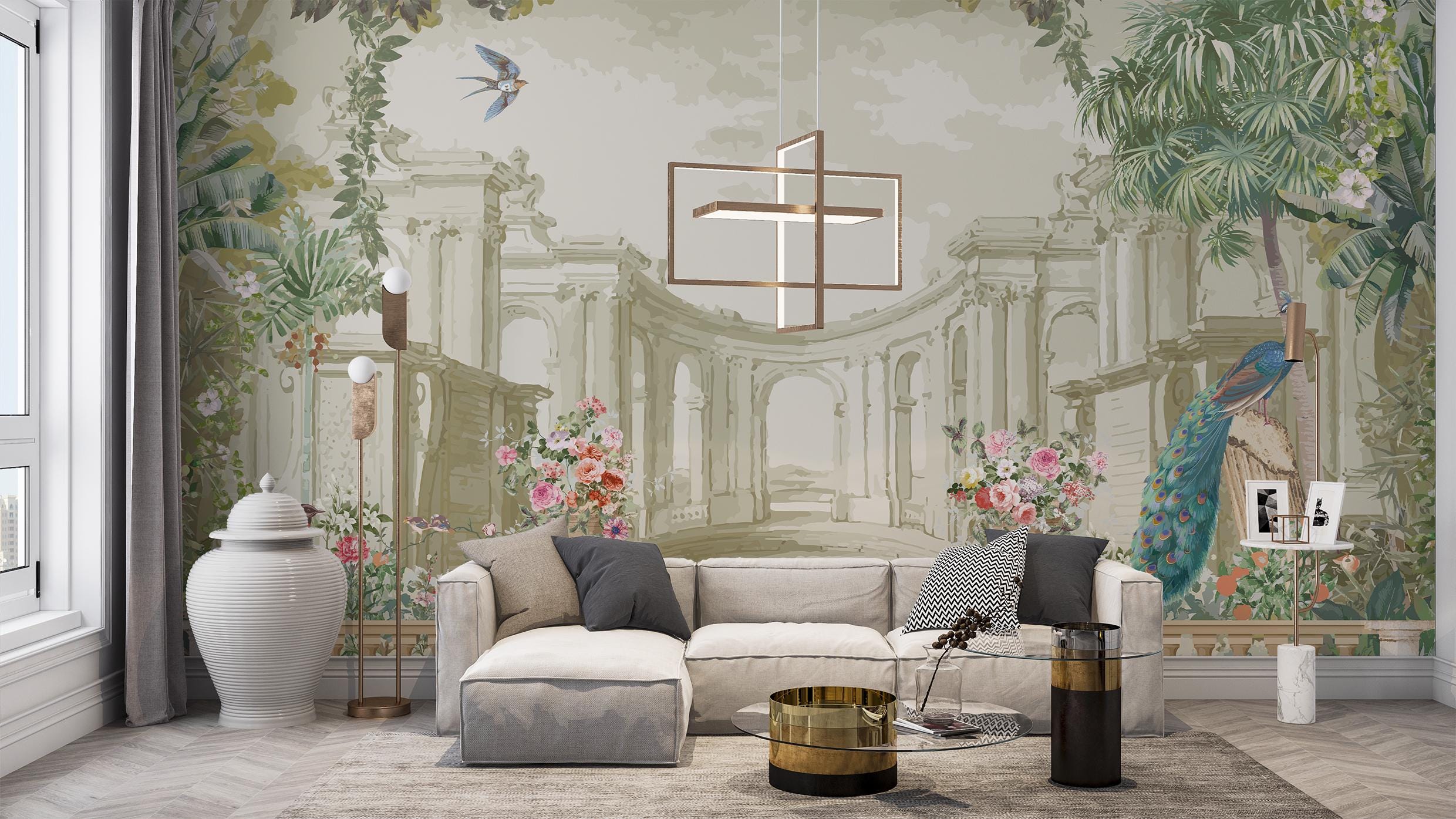 Vintage Garden Scene Wallpaper - Floral and Peacock Themed Decorative ...