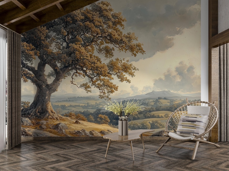 Vintage Tree Mural Wallpaper - Rustic Nature Landscape Wallpaper Peel ...