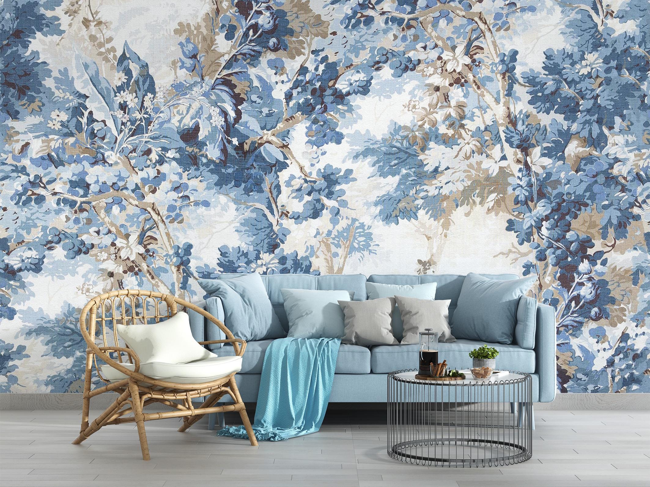 Vintage Blue and Beige Leaf Pattern Wallpaper / Natural and Elegant ...