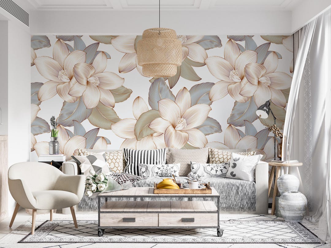 Large Neutral Floral Wallpaper – Elegant Botanical Wall Mural Peel and ...