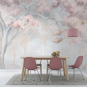 Pastel Forest Wall Mural - Dreamy Pink Tree Wall Art for Nursery and ...
