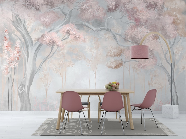Pastel Forest Wall Mural - Dreamy Pink Tree Wall Art for Nursery and ...
