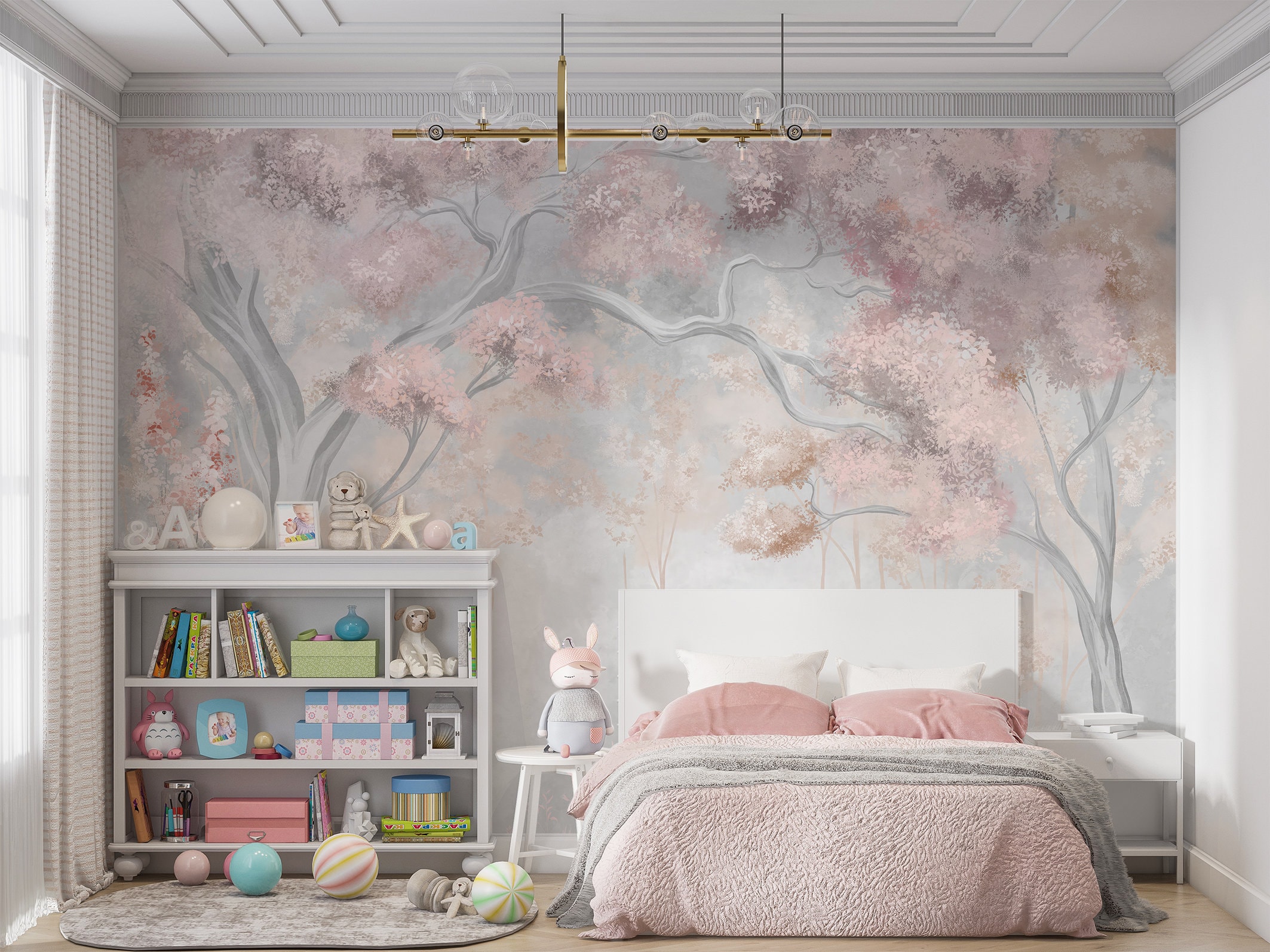 Pastel Forest Wall Mural Dreamy Pink Tree Wall Art for Nursery and Kids ...