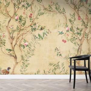Spring Flowers Birds Vintage Chinoiserie Wallpaper,floral Wallpaper ...