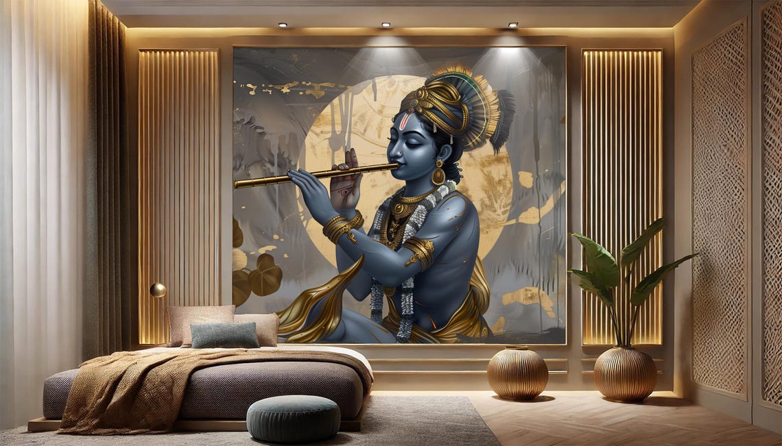 Krishna Flute Mural: Spiritual Hindu Art, Peel and Stick Wallpaper - Etsy